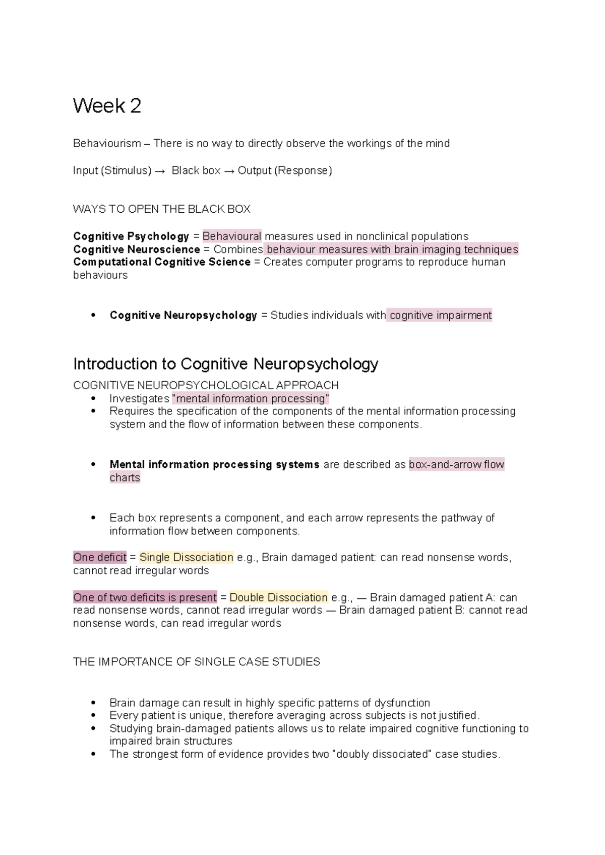 Cogs1010 Tutorial Notes: Week 2 & 3 on Behaviourism and Dyslexia - Studocu