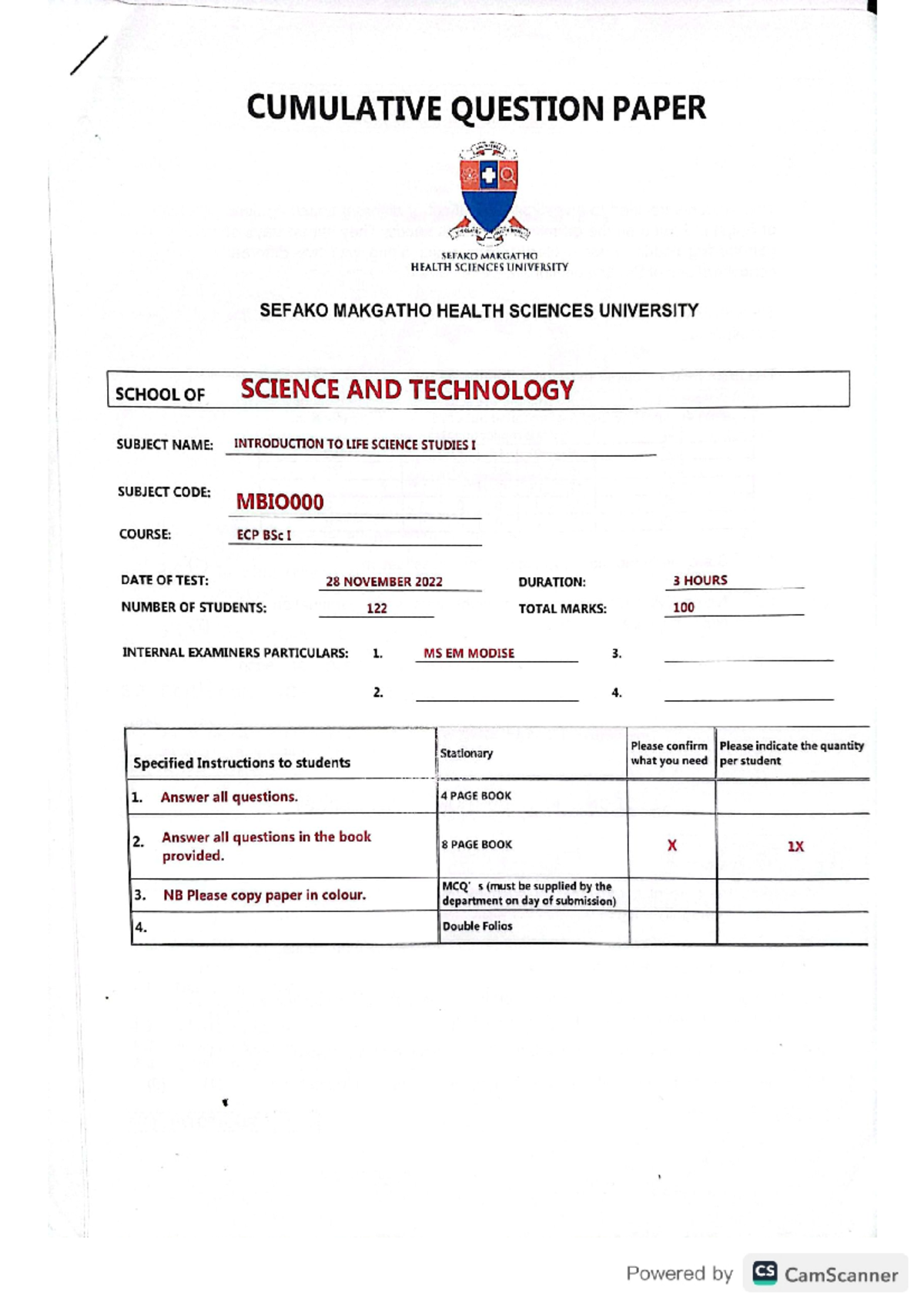 ECP BSc I: Cumulative Question Paper for Introduction to Life Science ...