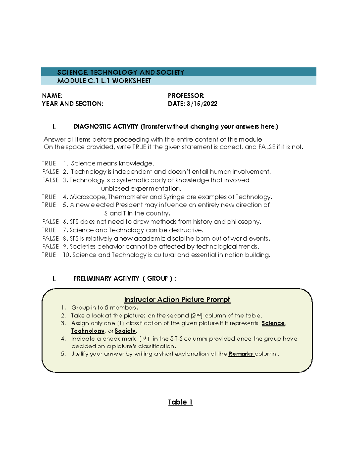STS Module C.1 L.1 Worksheet - Instructor Action Picture Prompt Group ...