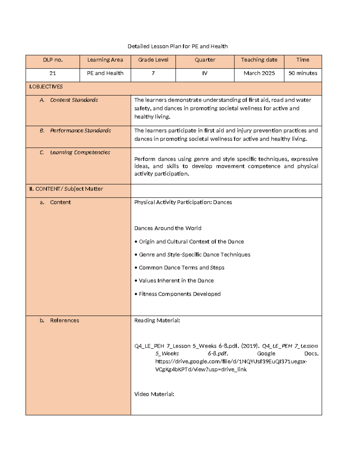 21 PE and Health - Detailed Lesson Plan on Dances and Safety - Studocu