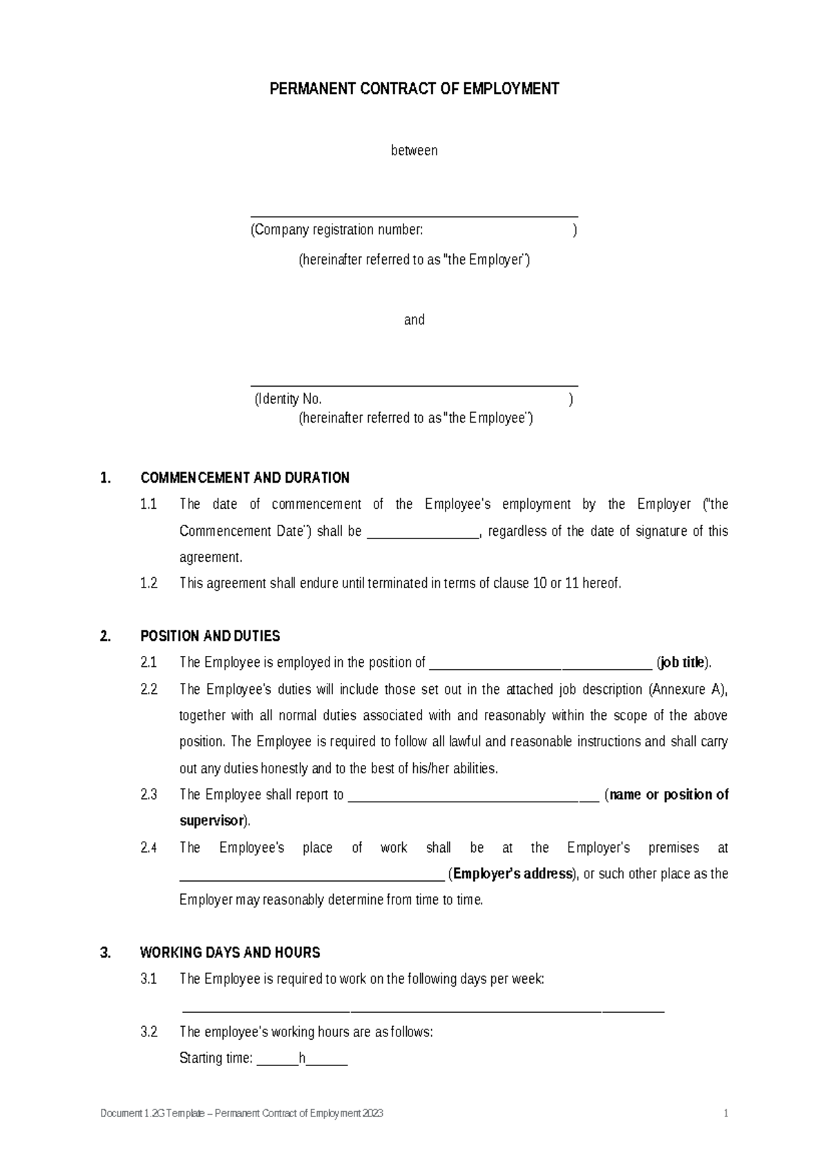 Template for Permanent Employment Contract 2023 - Studocu