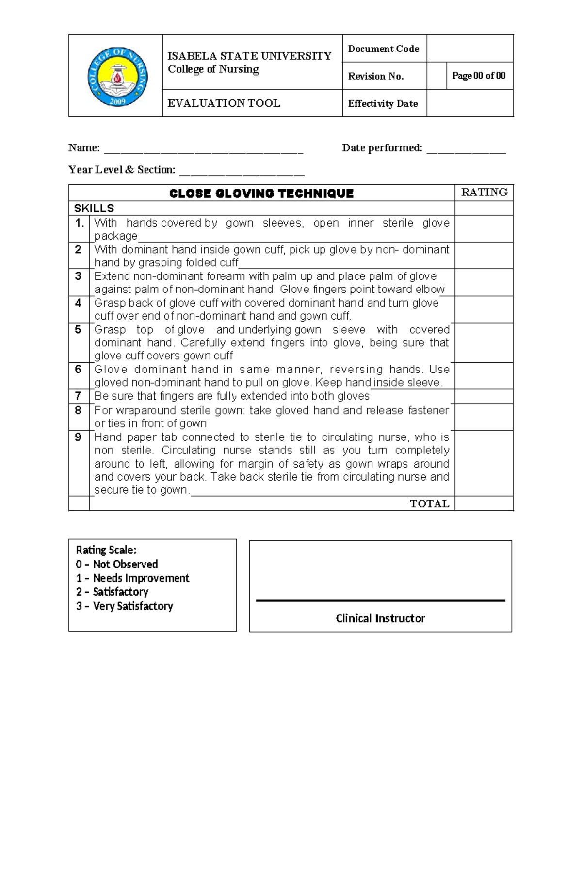 ISABELA STATE UNIVERSITY Nursing Evaluation Tool: Close Gloving Technique - Studocu