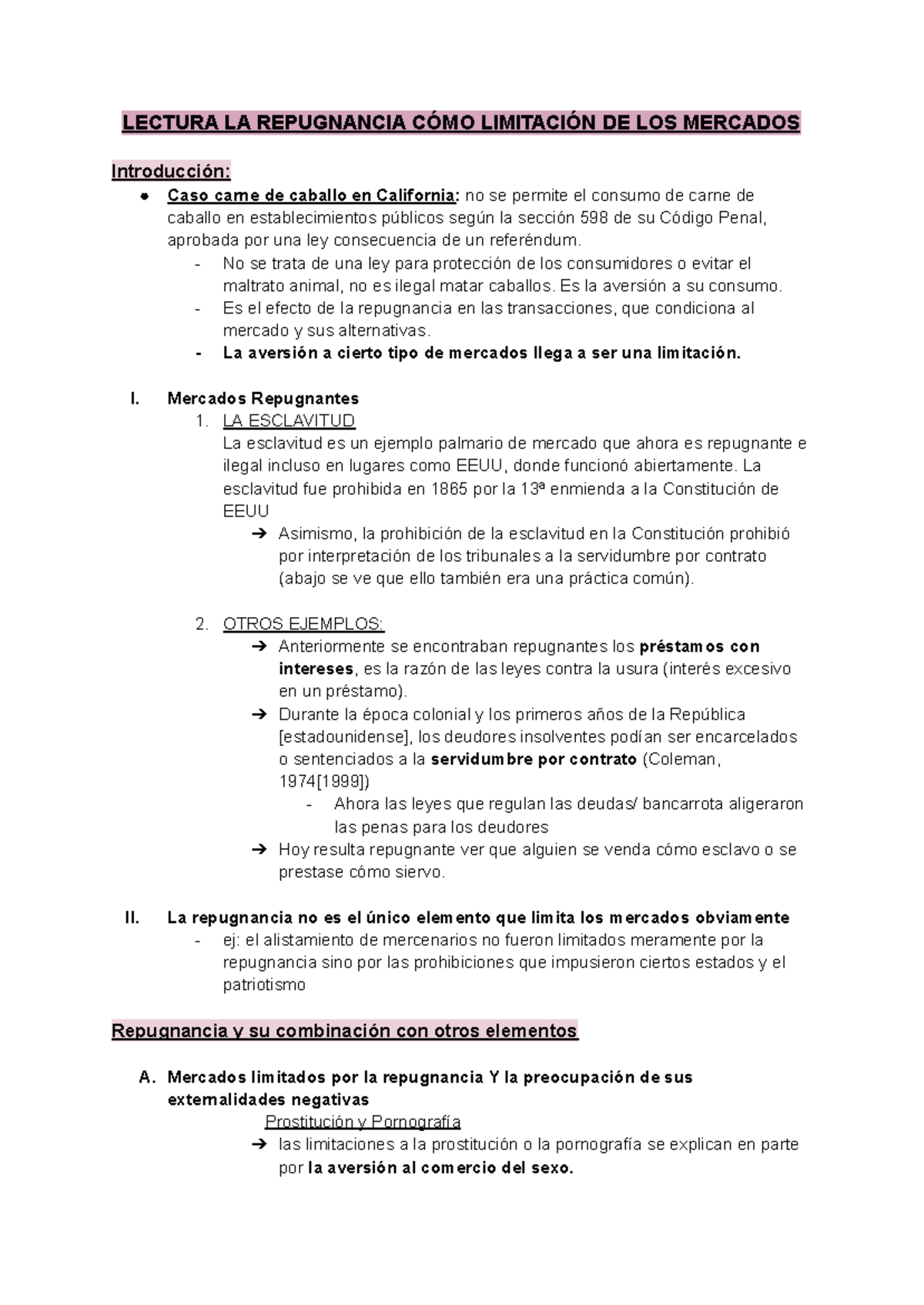 Resumen LECTURA: La Repugnancia como Limitación de los Mercados - Studocu