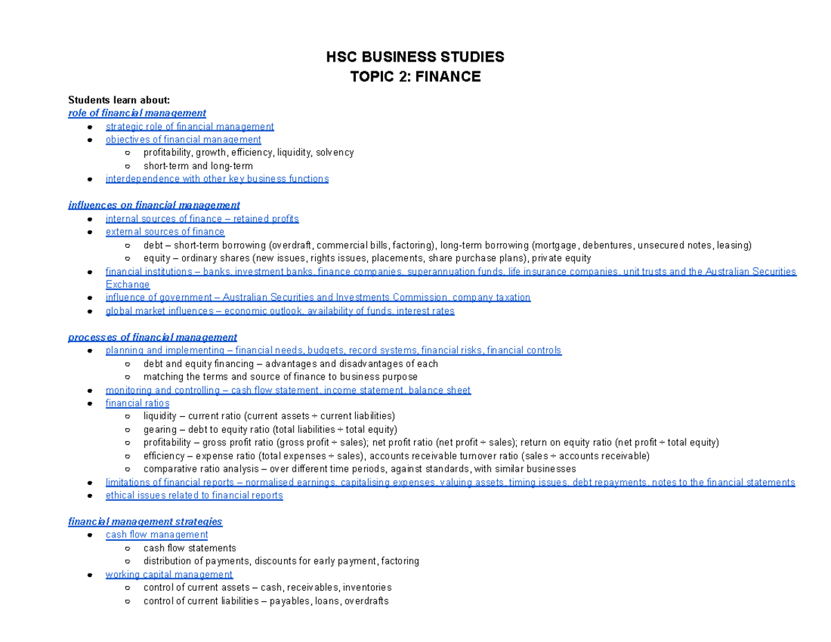 Finance Notes - HSC Business Studies - HSC BUSINESS STUDIES TOPIC 2 ...