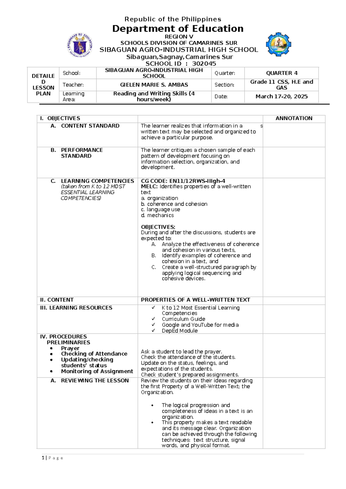 DLP: Cohesion and Coherence in Reading and Writing Skills (Grade 11 ...