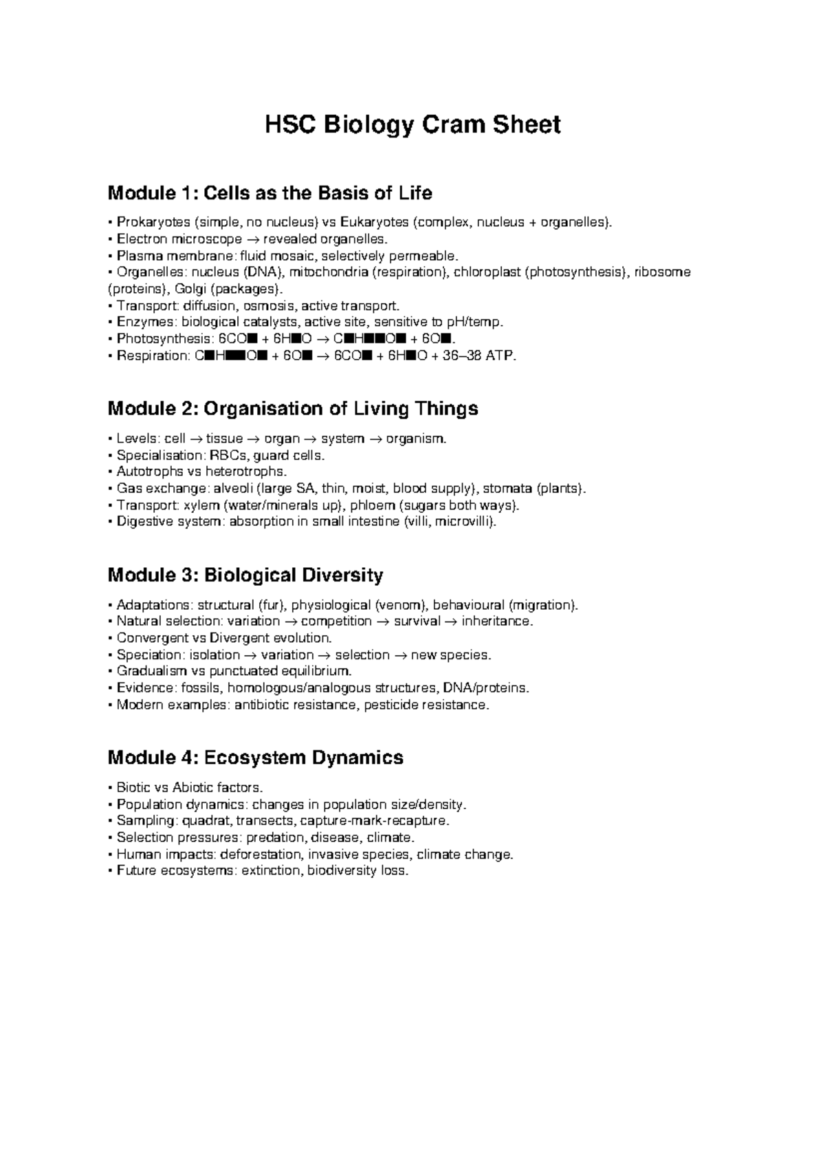 HSC Biology Cram Sheet: Key Concepts from Modules 1-4 - Studocu