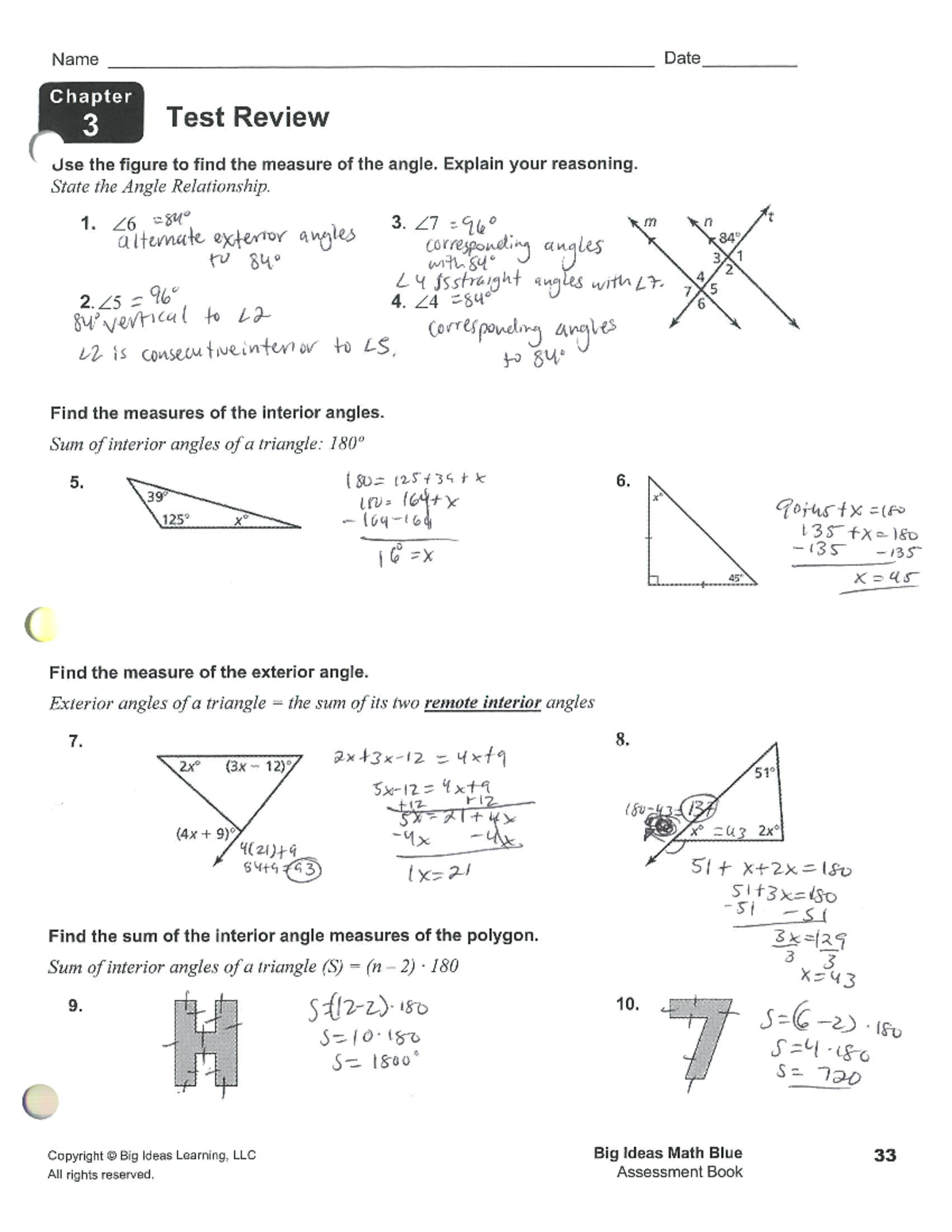Chapter 3 Test Review 1: Angle Measures and Relationships - Studocu