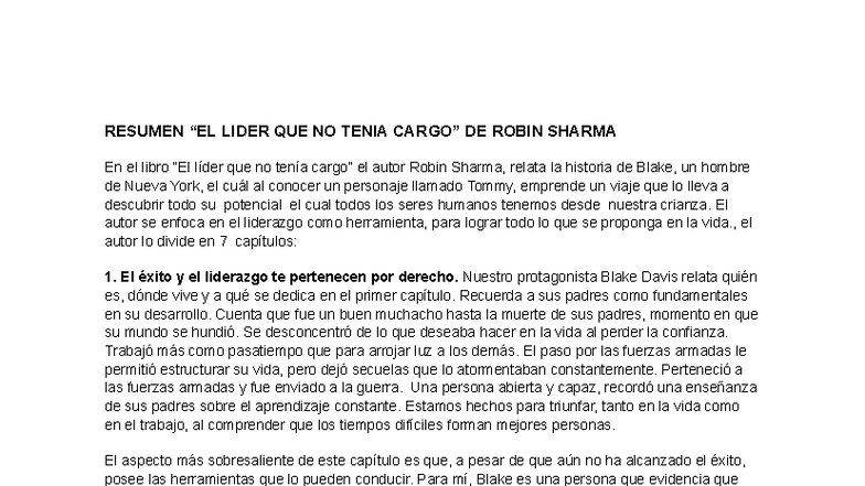 Resumen del libro "El Líder que No Tenía Cargo" de Robin Sharma - Studocu