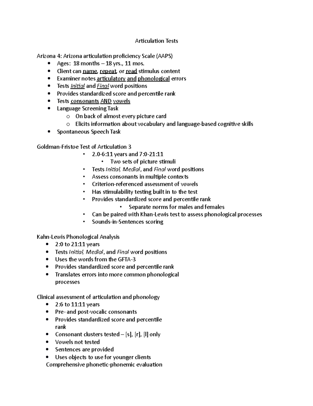 Articulation Tests Overview: Assessment Procedures and Tools - Studocu