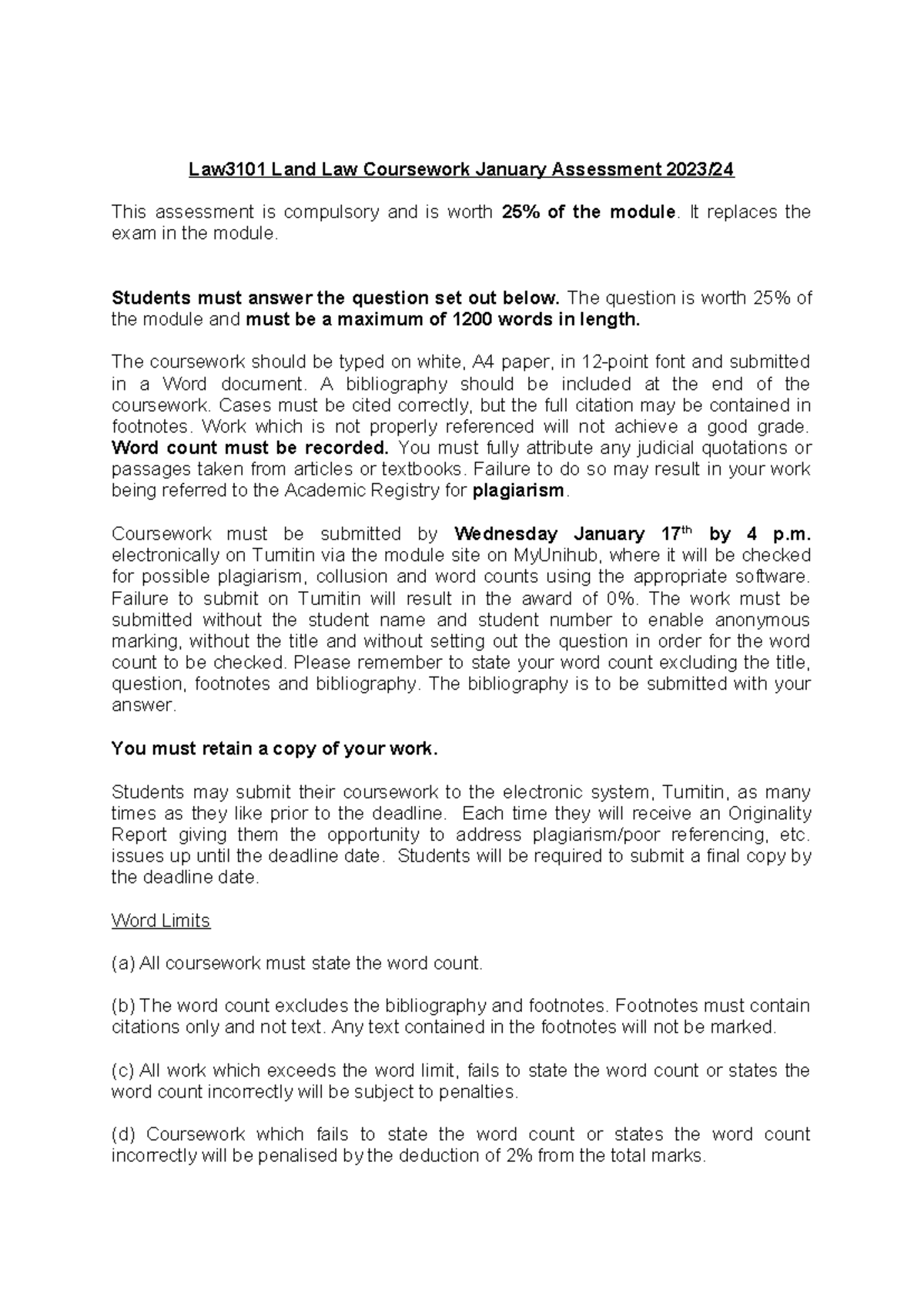 Land Law coursework- January 2024 - Law3101 Land Law Coursework January ...