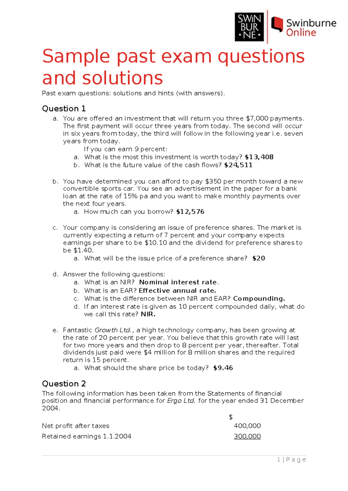 Sample Past Exam Questions & Solutions for W12 Finance Course - Studocu