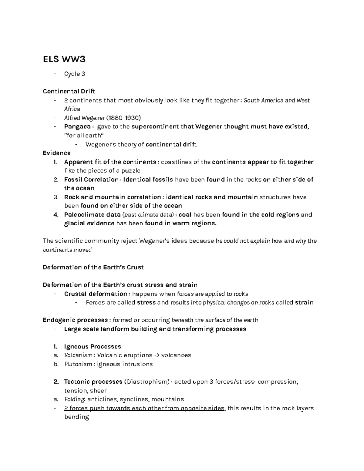 ELS WW3 Cycle 3: Continental Drift and Geological Processes - Studocu