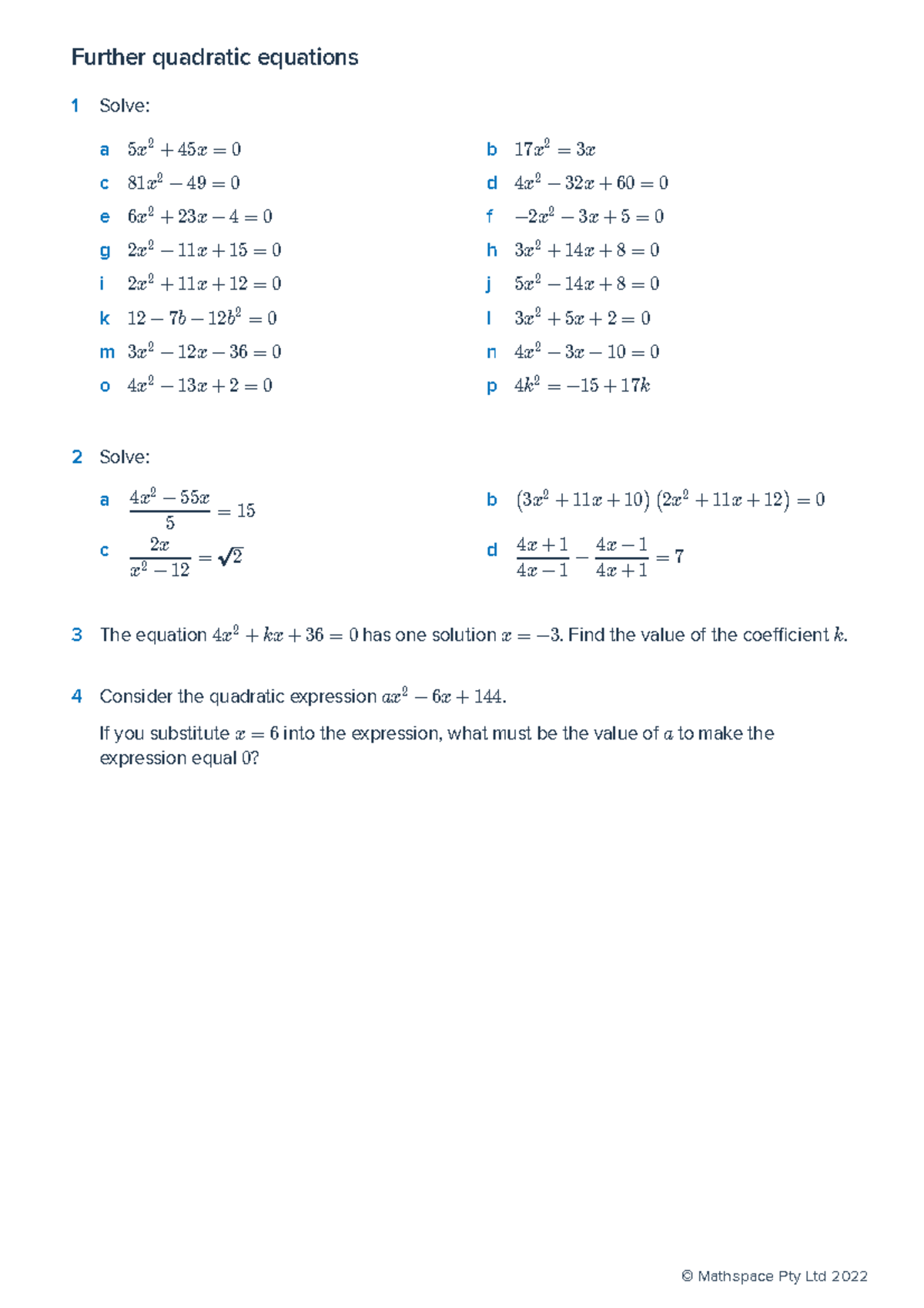 Further Quadratic Equations - Worksheet (Math 101) - Studocu