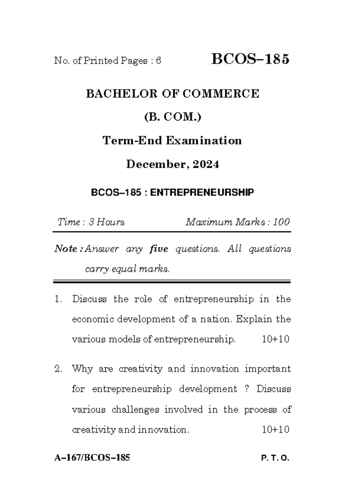 BCOS-185 - Entrepreneurship Exam Questions & Key Concepts - Studocu