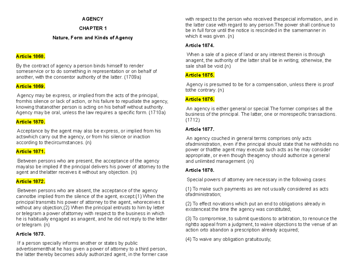 Law on Agency ALL Articles Compressed - AGENCY CHAPTER 1 Nature, Form ...