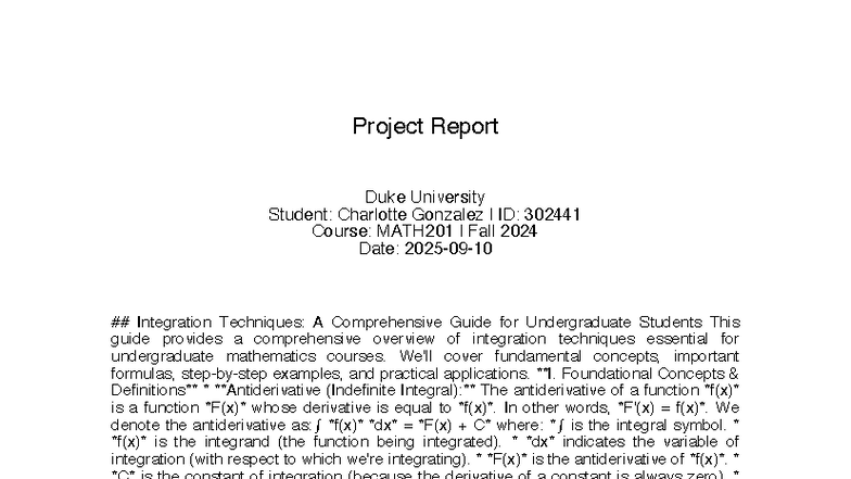 MATH201 Fall 2024: Integration Techniques Guide for Undergrads - Studocu