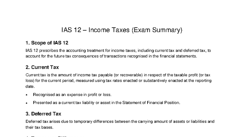 IAS 12 Income Taxes (Exam Summary) - Key Concepts & Tips - Studocu