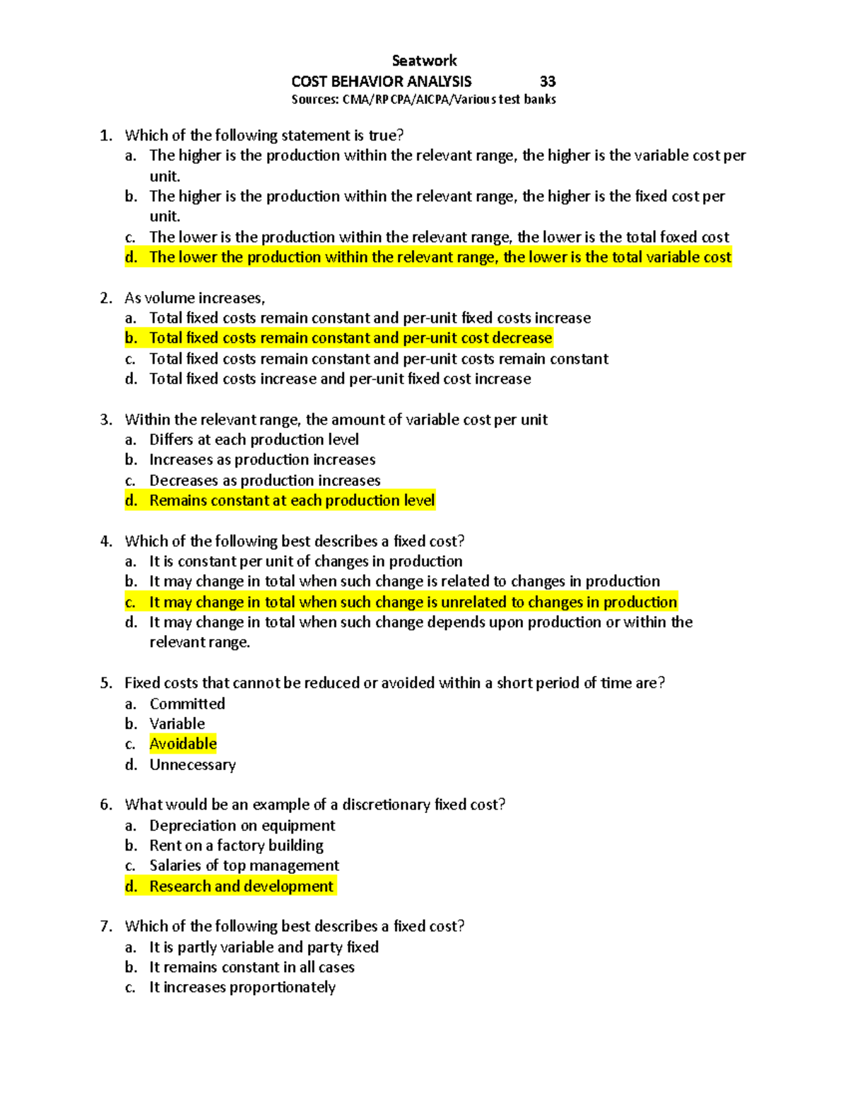 Cost Behavior Analysis: Key Concepts and Practice Questions - Studocu