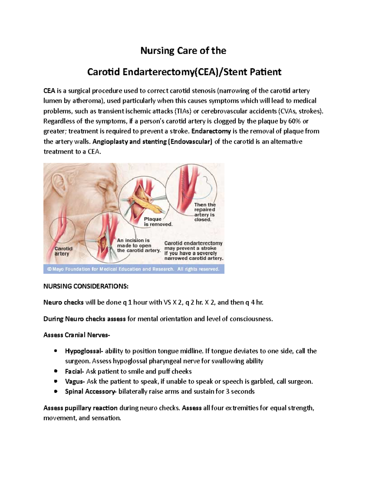 Nursing Care Guidelines for CEA Patients: Post-Op Monitoring ...