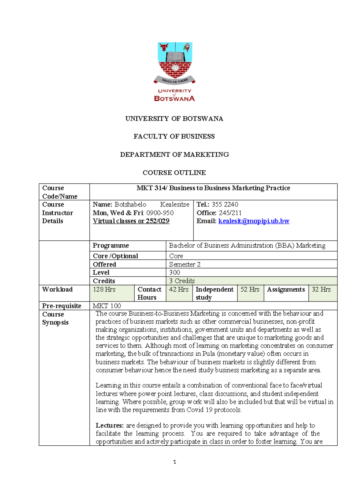 MKT 314: Business-to-Business Marketing Course Outline 2023 - Studocu