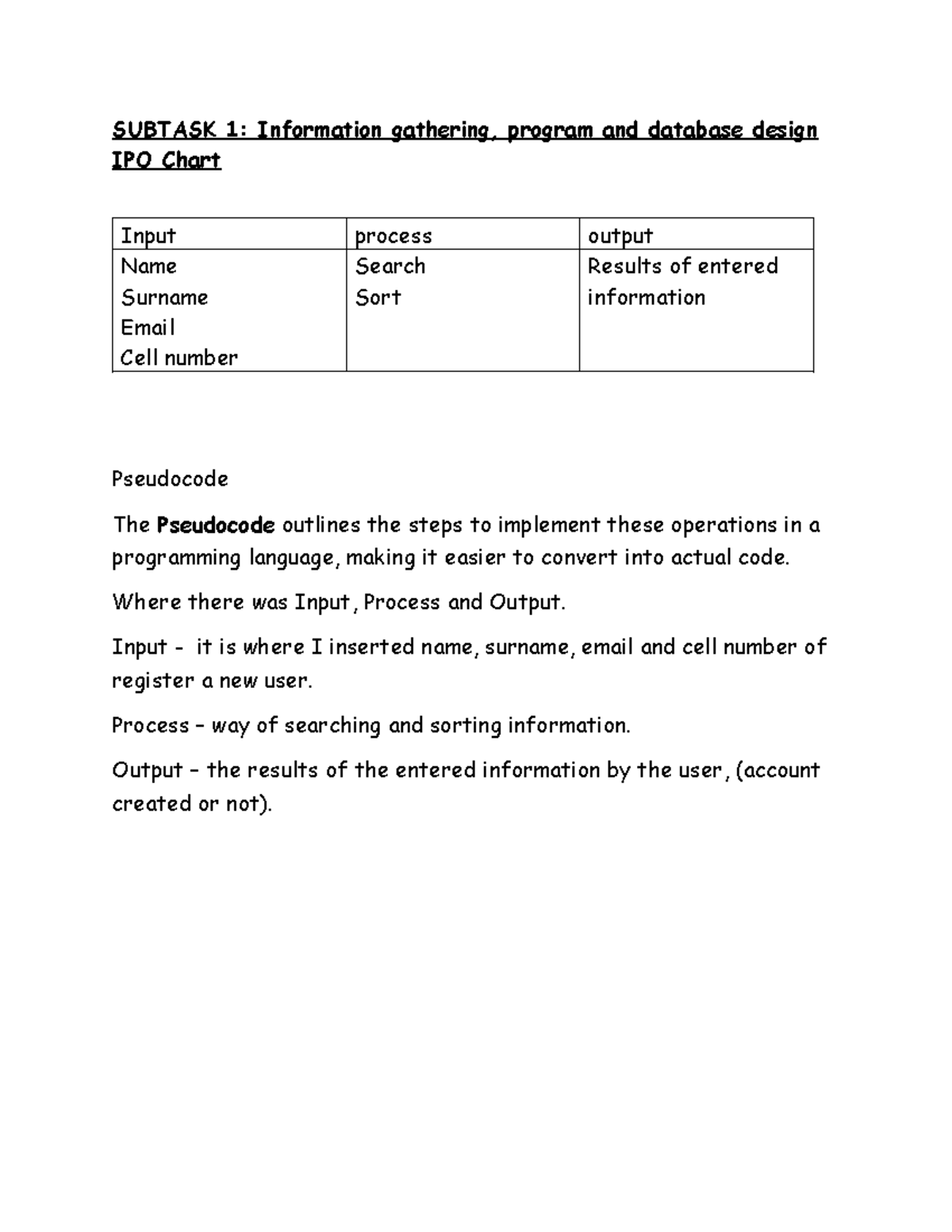 Mpofana - information - SUBTASK 1: Information gathering, program and database design IPO Chart ...