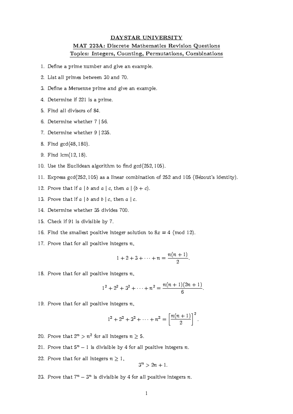 MAT 223A: Discrete Mathematics Revision Questions on Integers ...