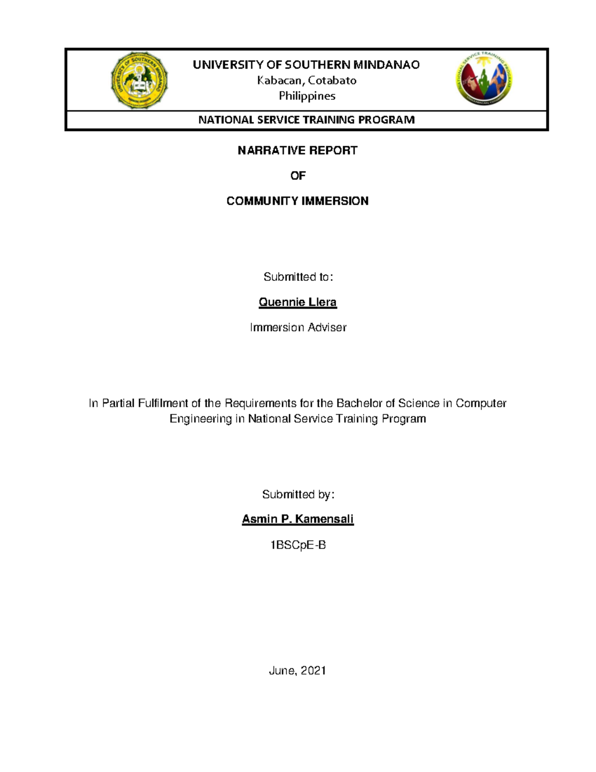 NSTP 2 Community Immersion Narrative Report for Midterm Evaluation ...