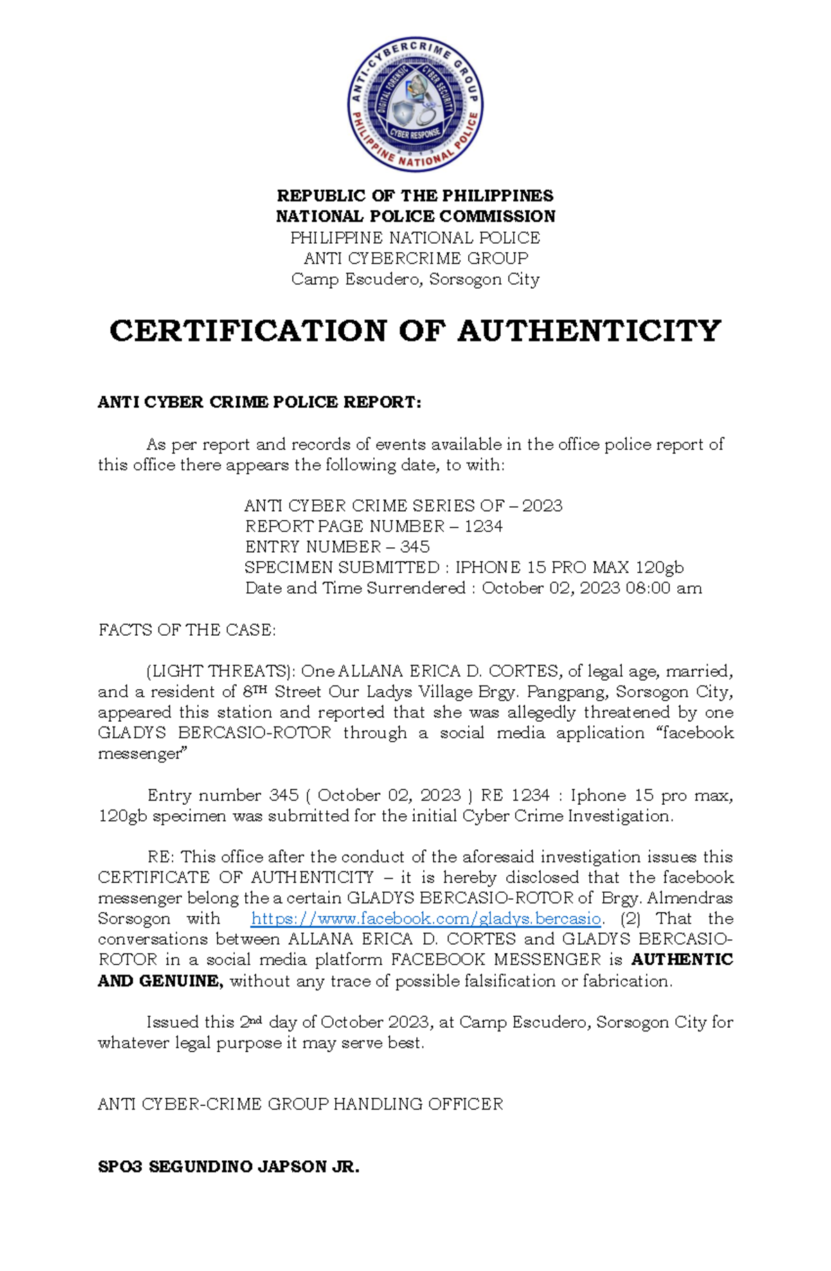 CERTIFICATION OF AUTHENTICITY: ANTI CYBER CRIME REPORT 2023 - Studocu