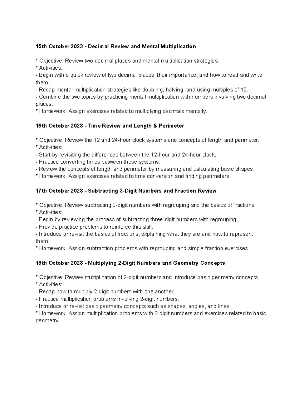 G5 Lesson Plan: Decimal, Time, Subtraction, Multiplication Reviews ...