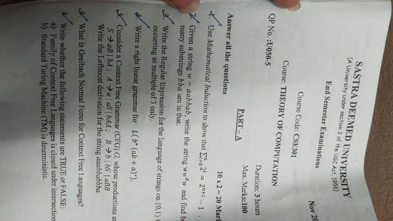 CSE301 Nov 2024 End Sem Exam Notes: Theory of Computation - Studocu