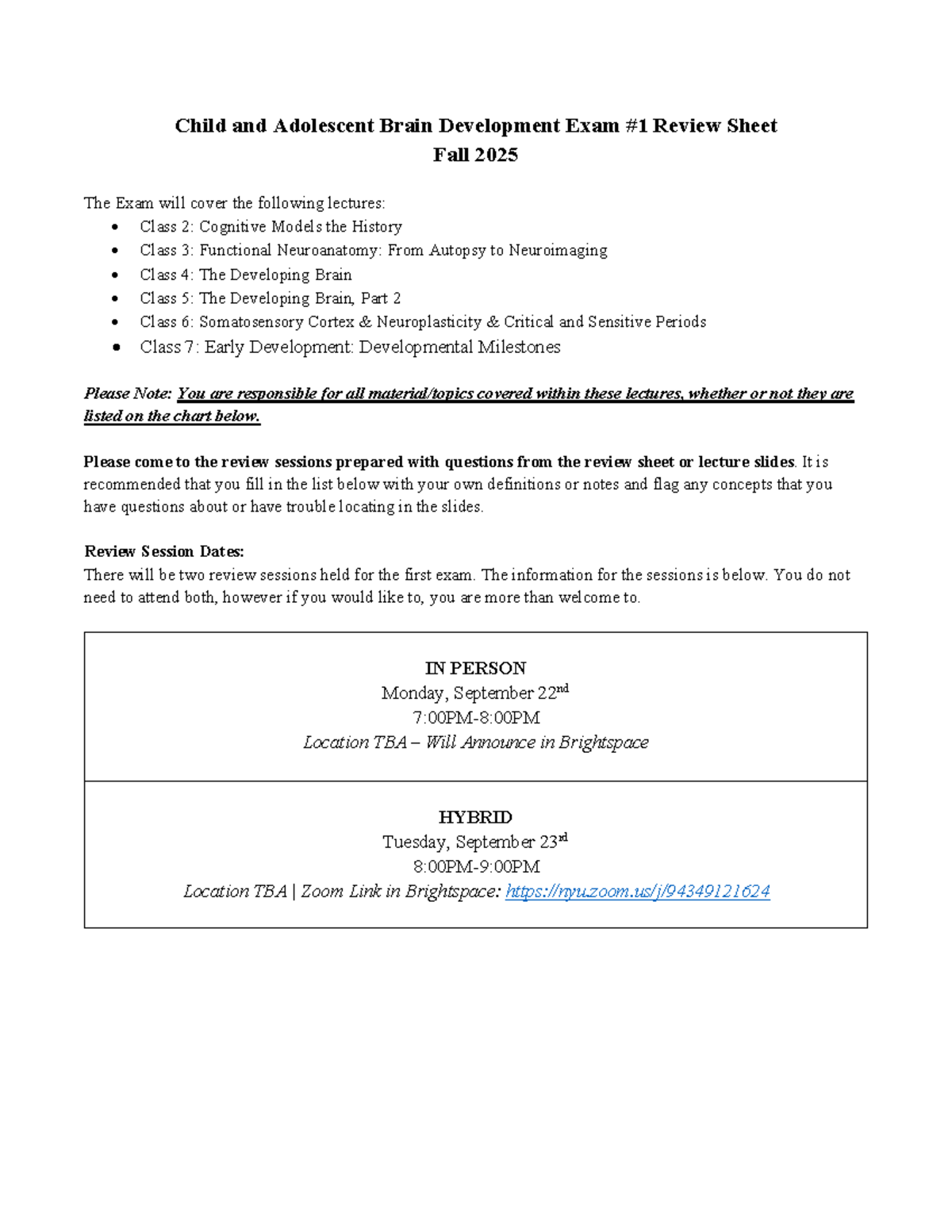 Child and Adolescent Brain Development Exam #1 Review Sheet - Fall 2025 ...