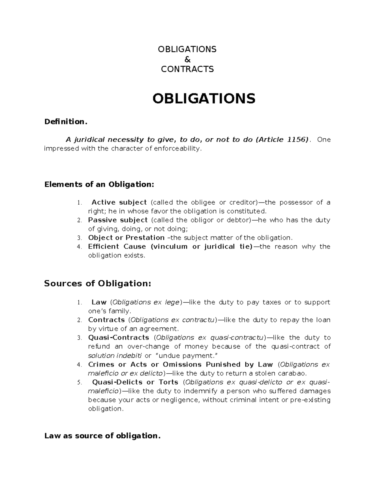 Reviewer on Obligations and Contracts (OBLIGATIONS 101) - Studocu