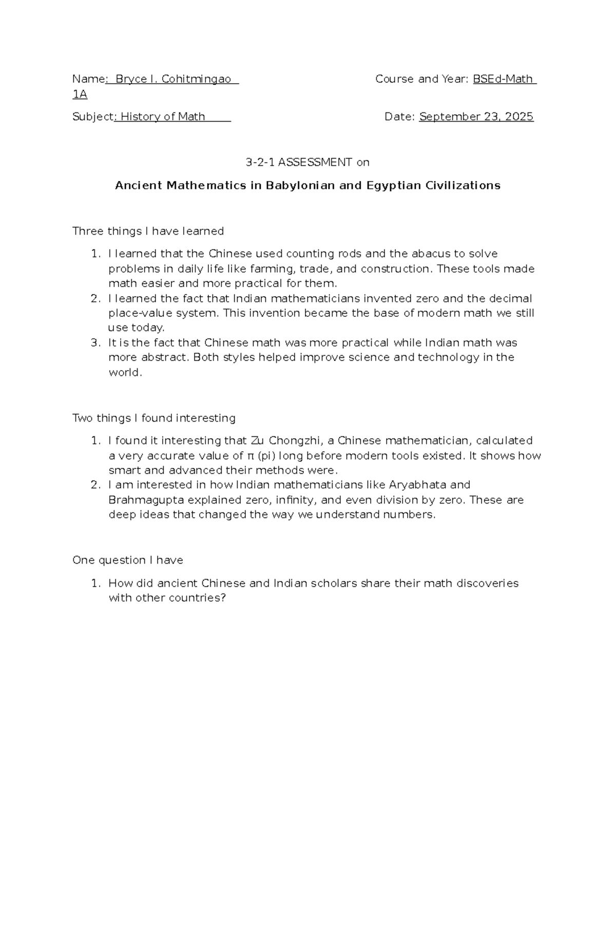 HIST 1A Assessment: Ancient Math in Babylonian & Egyptian Civilizations ...