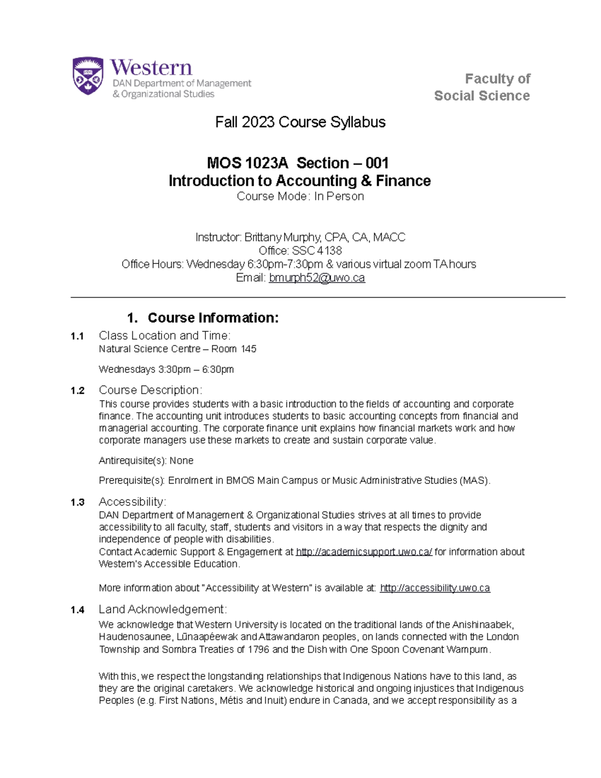 Syllabus for MOS 1023A: Intro to Accounting & Finance - Fall 2023 - Studocu