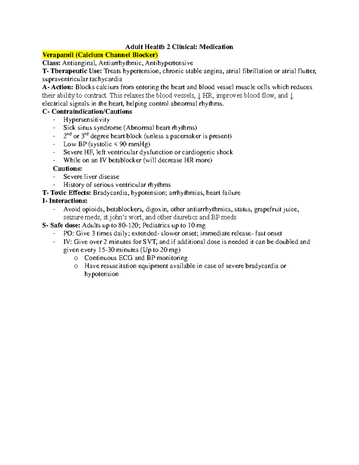 math science easy 4 - Adult Health 2 Clinical: Medication Verapamil ...