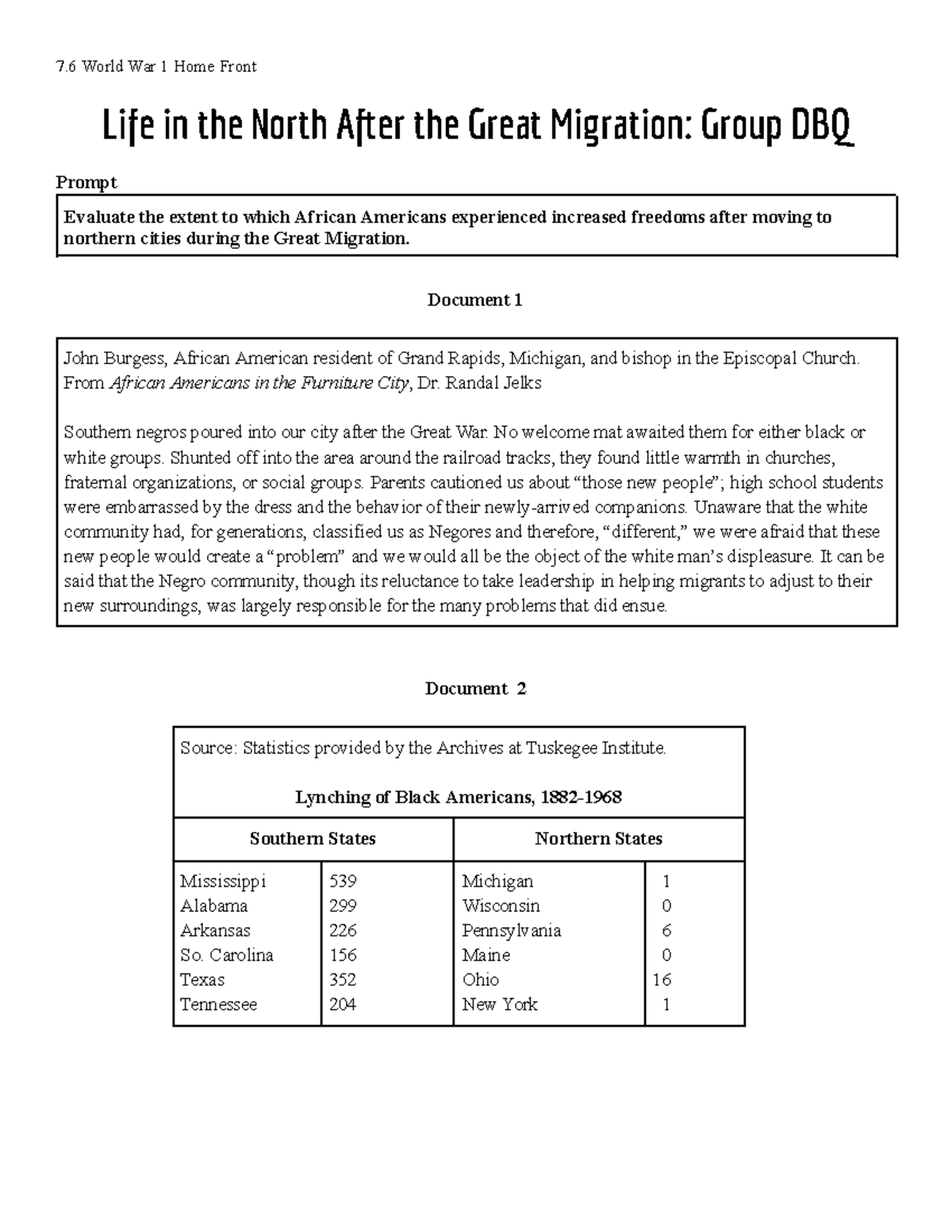 Apush 7 - Jim crow dbq docs - 7 World War 1 Home Front Life in the ...