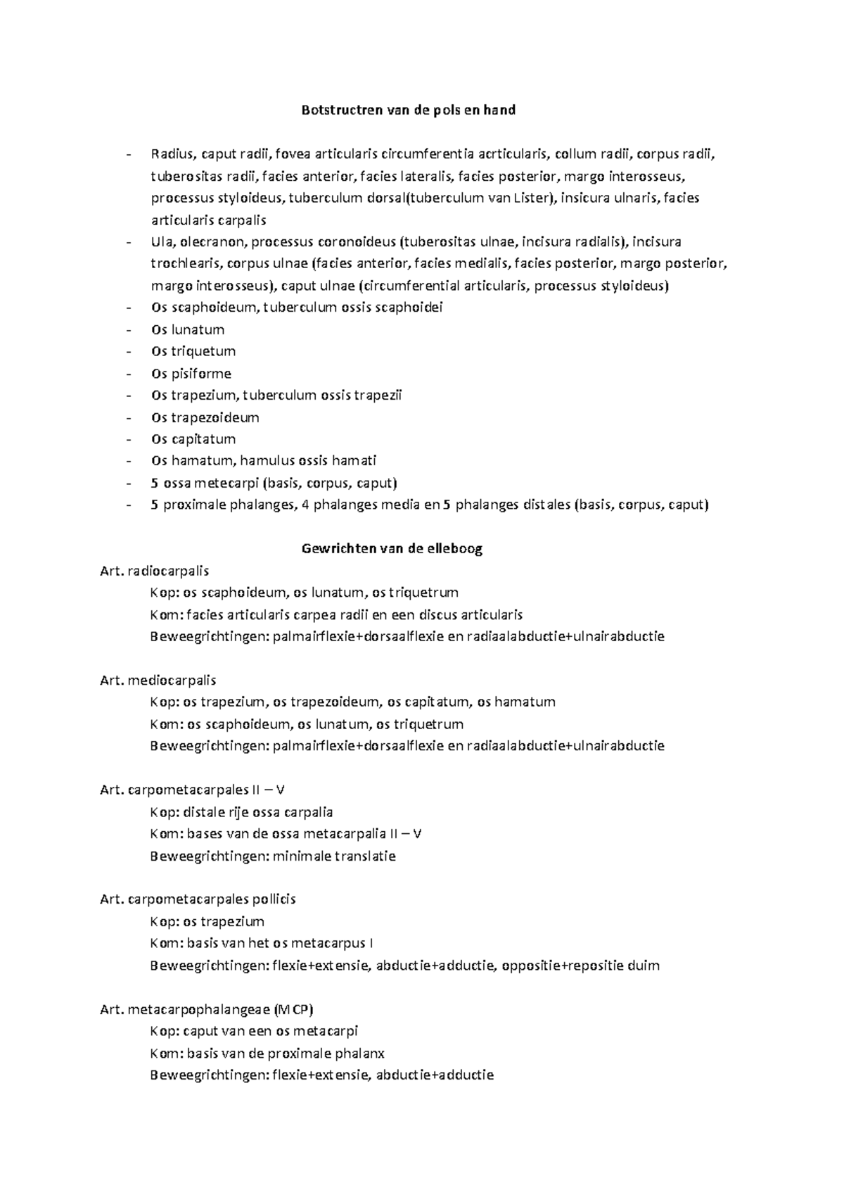 Samenvatting Anatomie: Pols en Hand - Structuren en Bewegingen ...