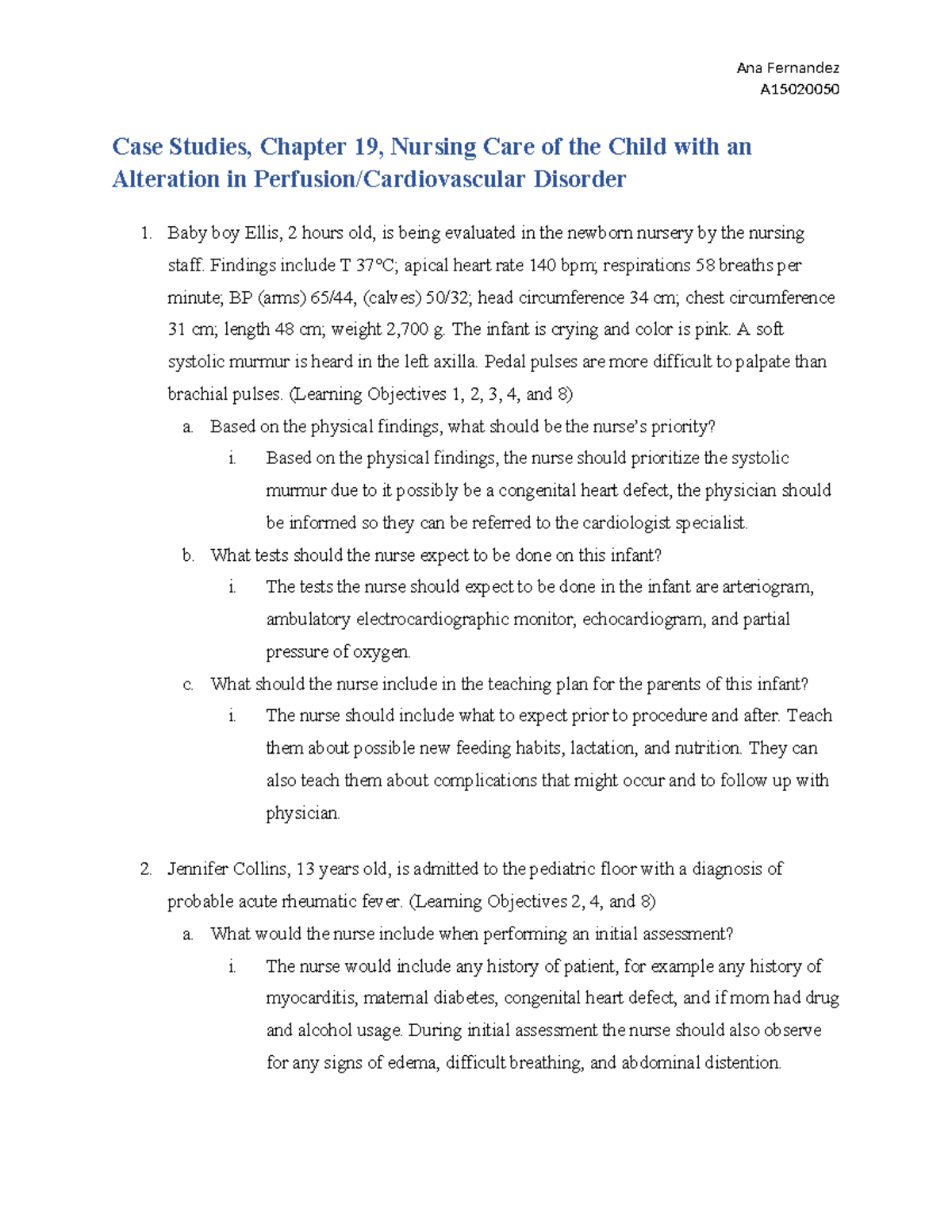 Case Study Ch. 19: Nursing Care of Pediatric Cardiovascular Disorders ...