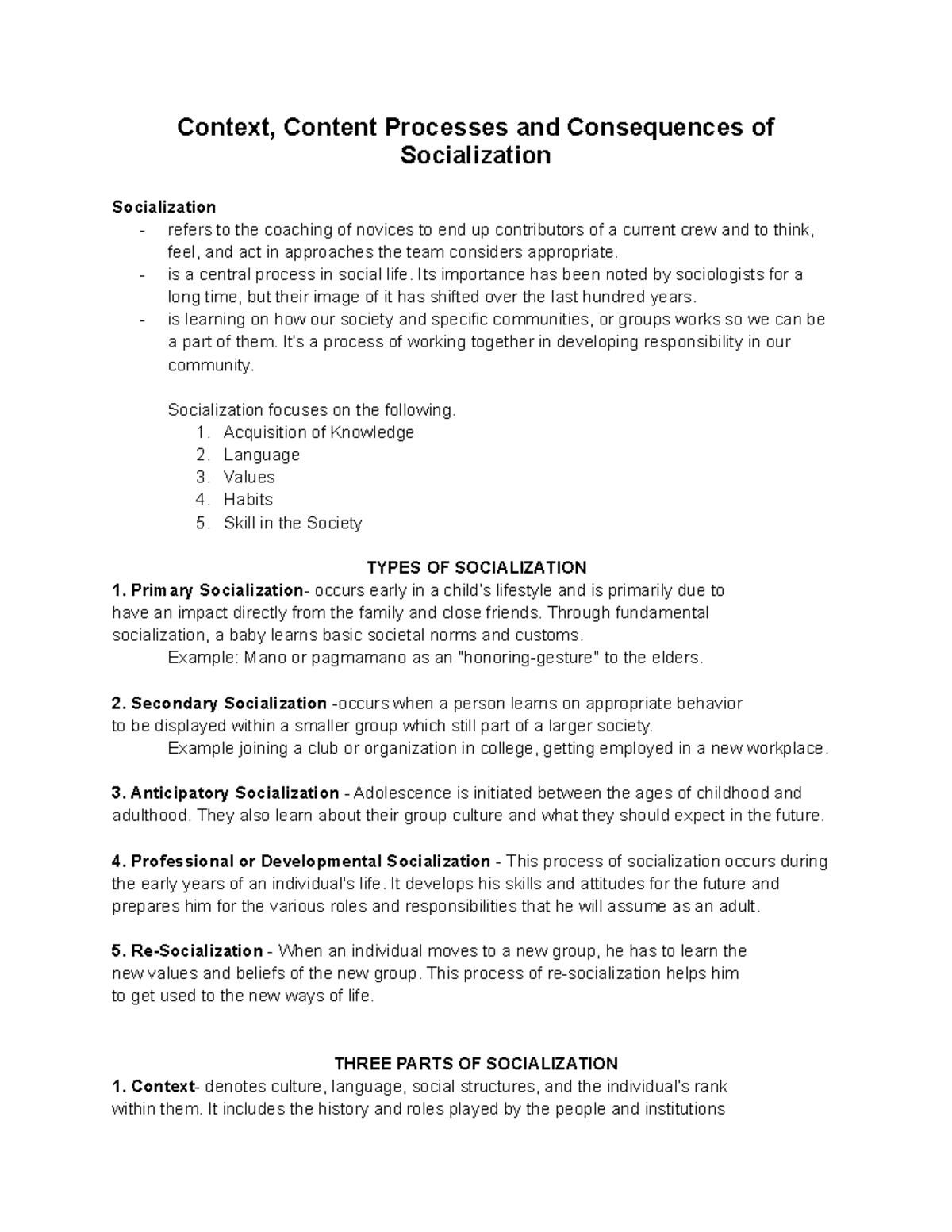 Understanding Socialization: Context, Processes & Outcomes - Studocu