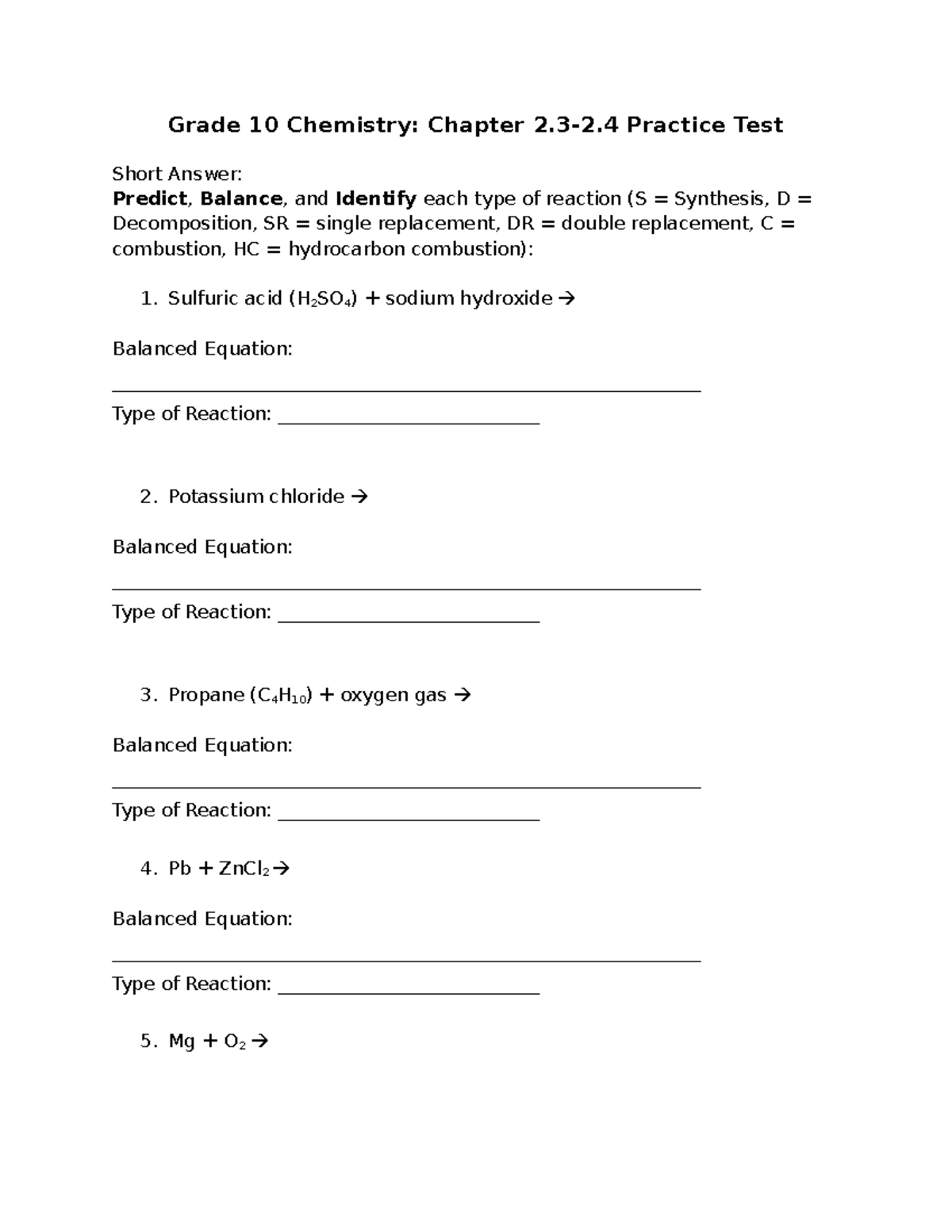 Grade 10 Chemistry: Chapter 2.3-2.4 Practice Test on Reactions - Studocu