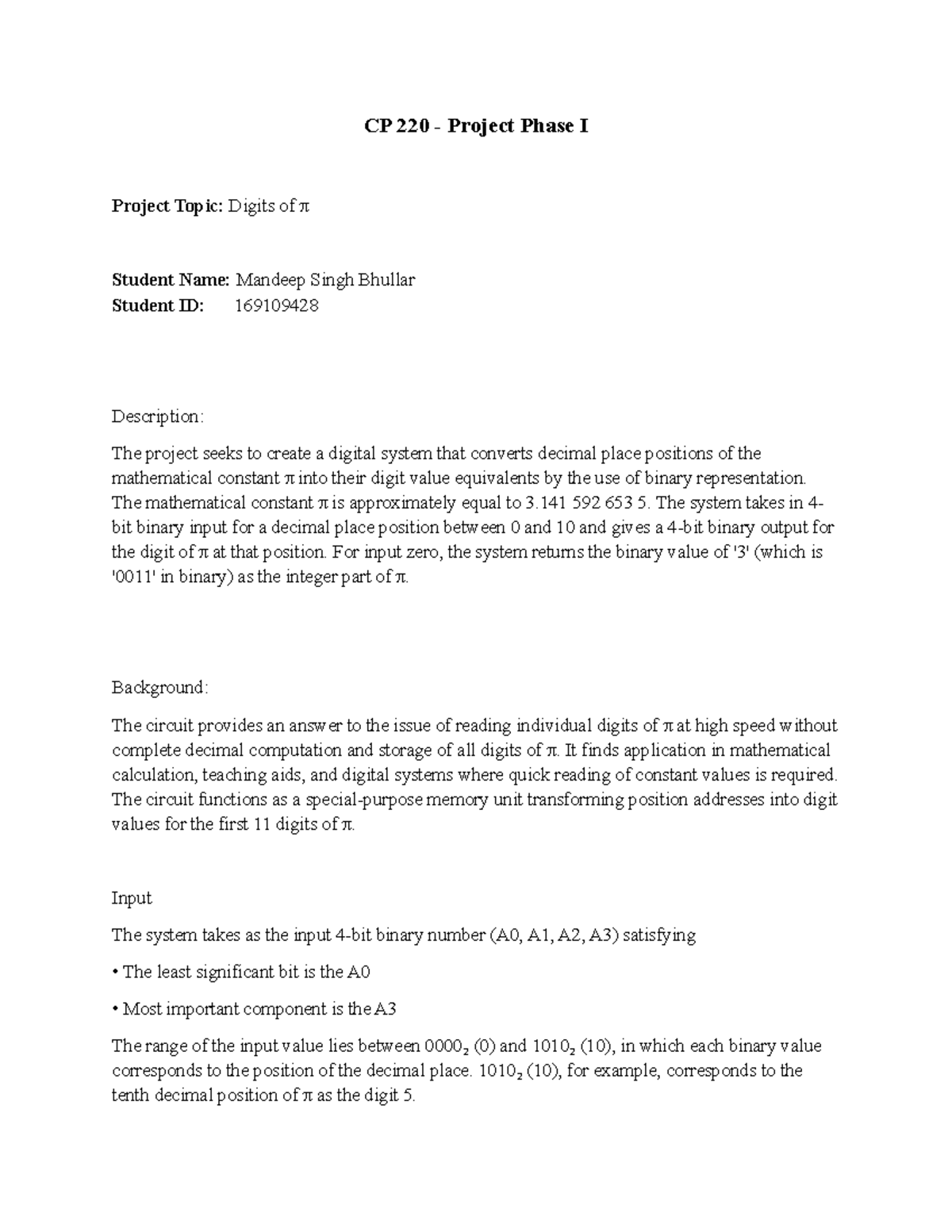 CP 220 Project Phase I: Digital System for π Digit Conversion - Studocu