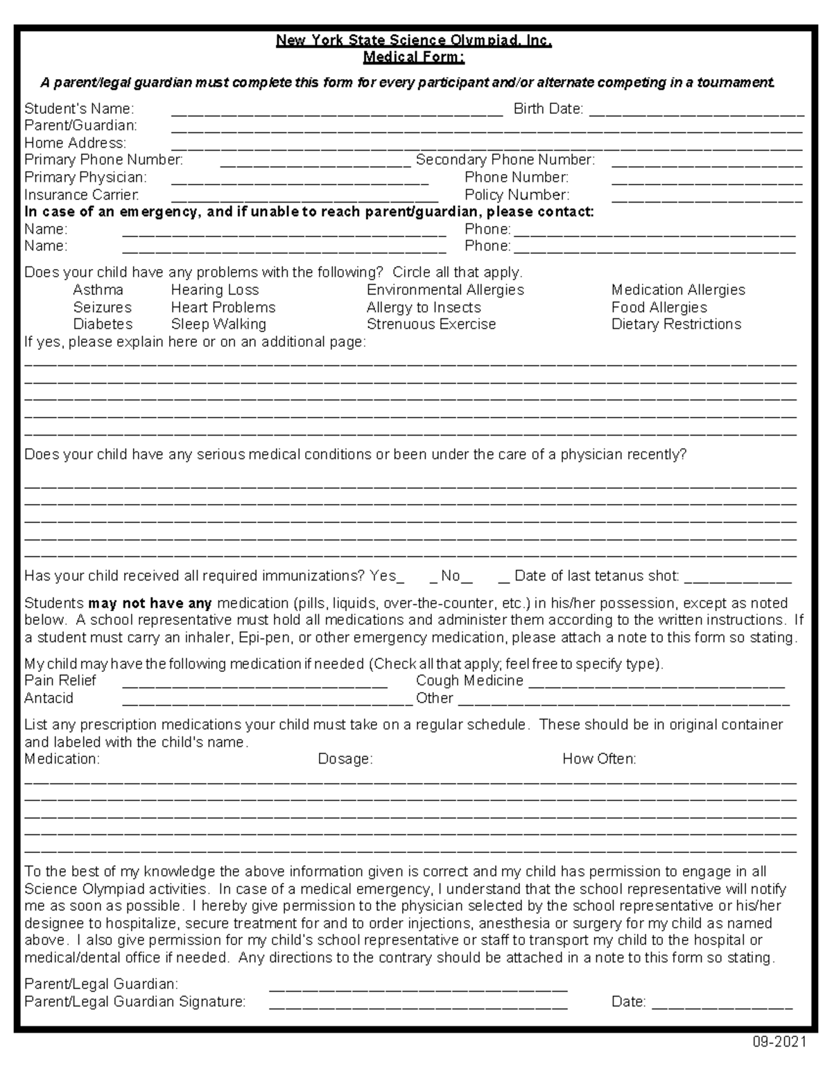New York State Science Olympiad Medical Form for Participants - Studocu
