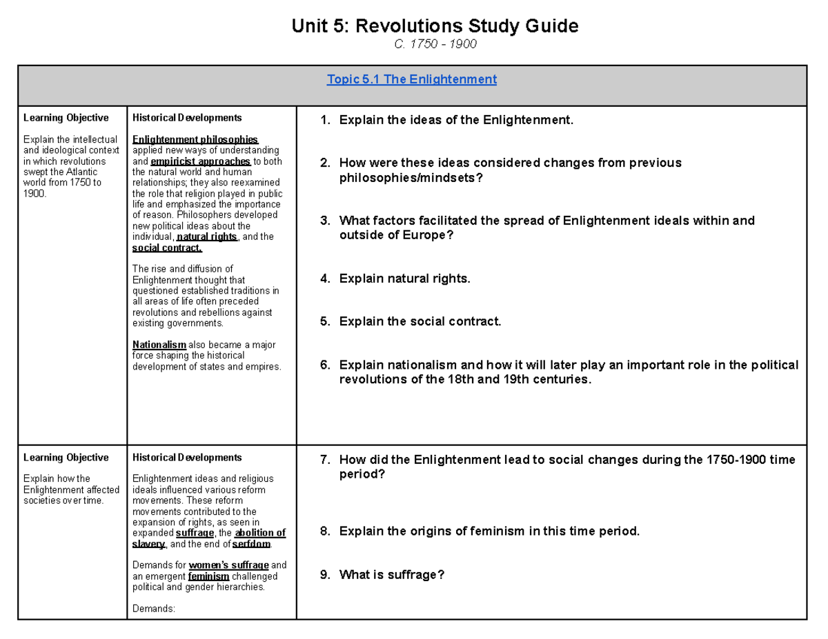 Study Guide: Unit 5 Revolutions (1750-1900) - Enlightenment Impact ...