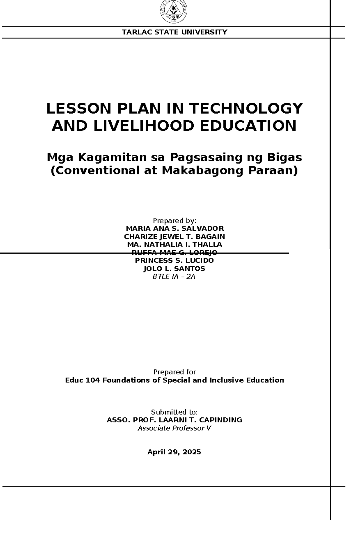 TARLAC STATE UNIVERSITY EPP 4 LESSON PLAN: Pagsasaing ng Bigas ...