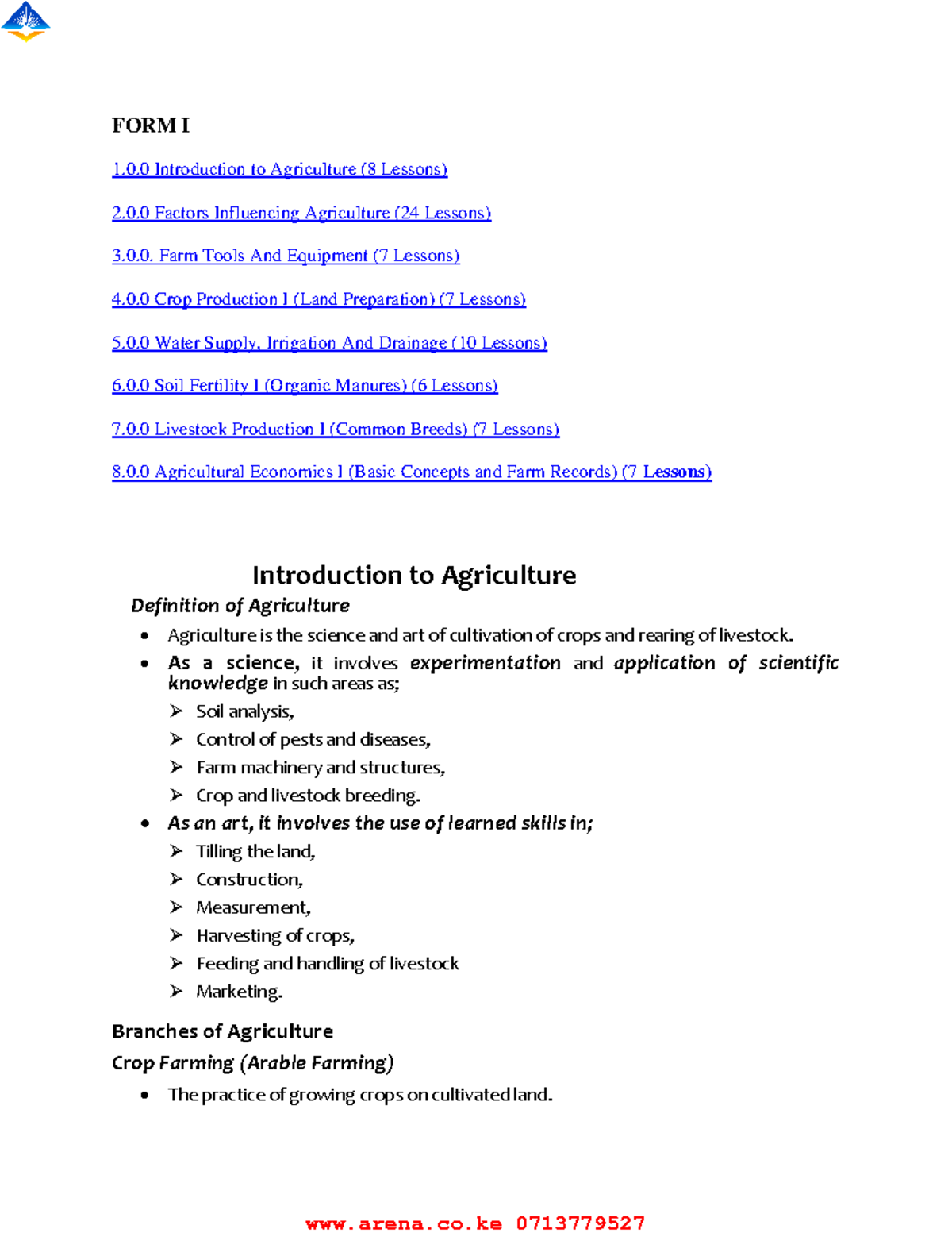 FORM 1 Agriculture Study Notes: Key Concepts & Lessons Overview - Studocu