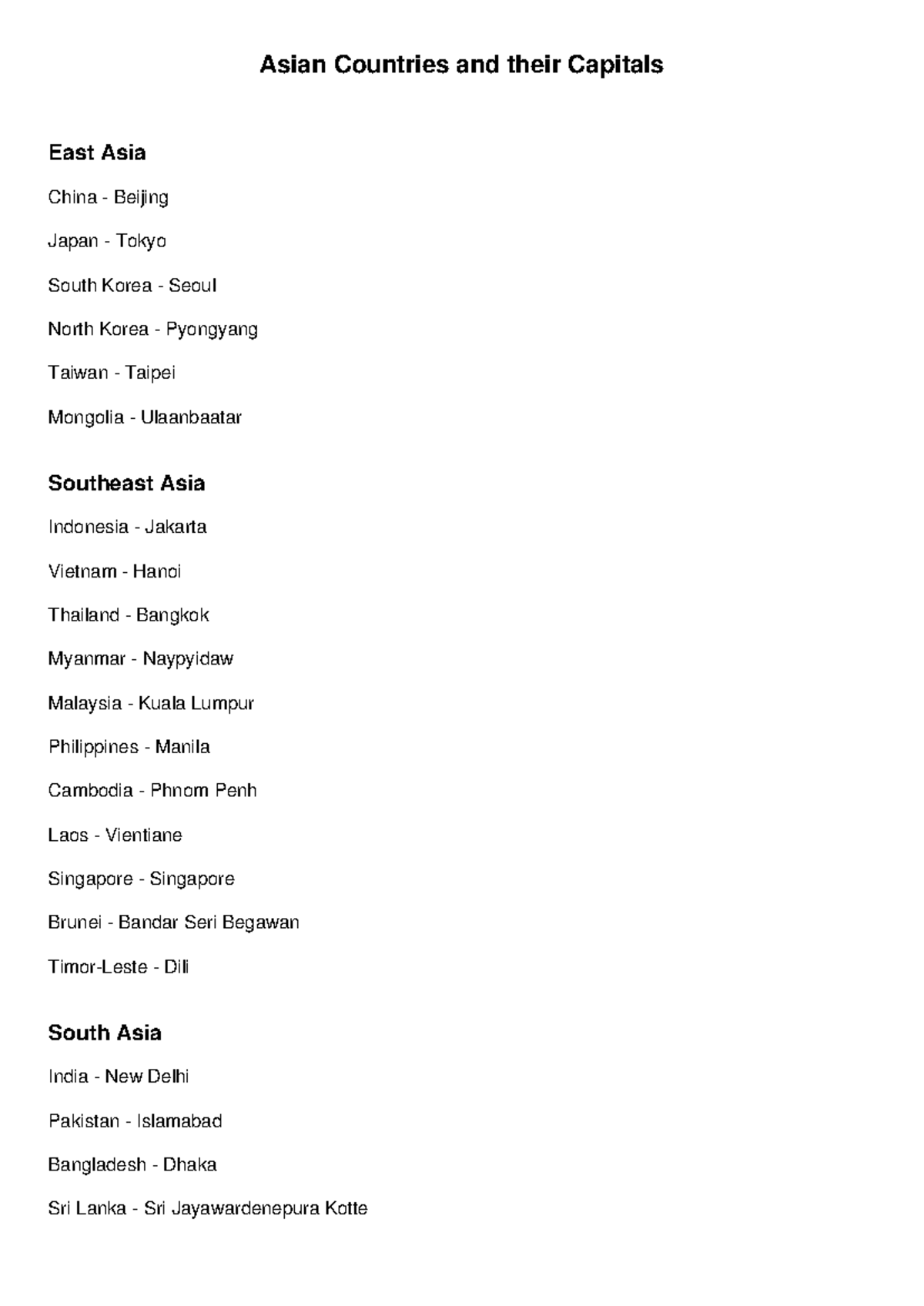 Asian Countries and Capitals: A Comprehensive Guide - Studocu