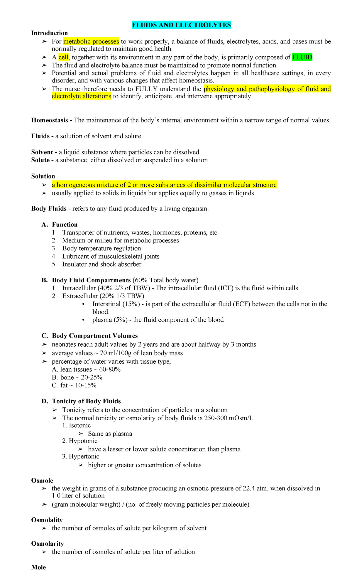FLUIDS AND ELECTROLYTES: Comprehensive Study Notes for Nursing (NUR 101 ...