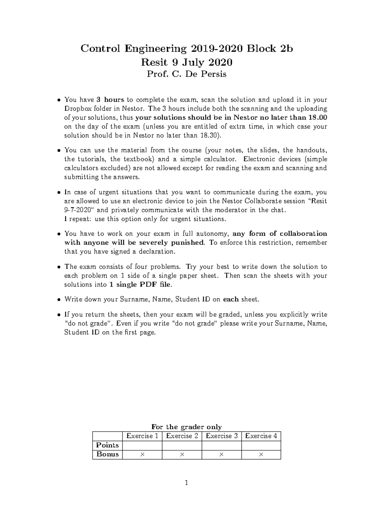 Control Engineering Resit 9 july 2020 - Control Engineering 2019-2020 ...