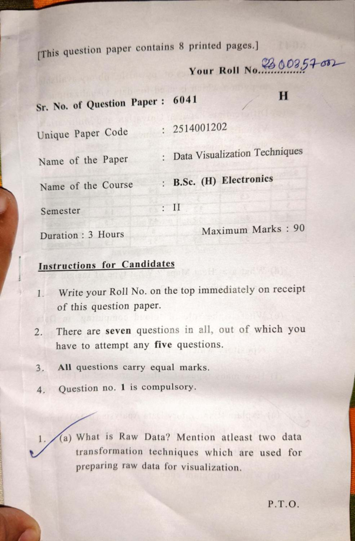 Data Visualization Techniques Question Paper - B.Sc. (H) Electronics ...