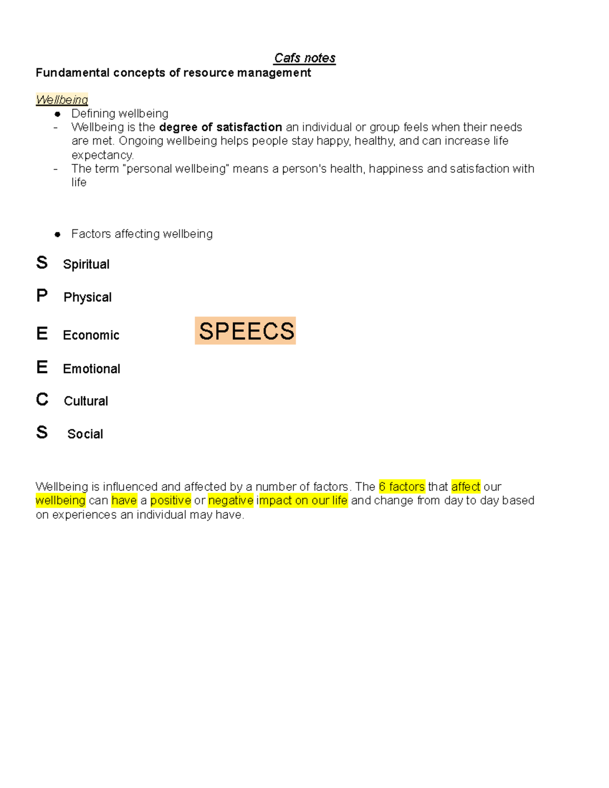 Cafs Notes: Fundamental Concepts of Resource Management and Wellbeing ...